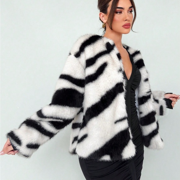 Jackets & Coats | Zebra Striped Faux Fur Coat Jacket Black White Short ...